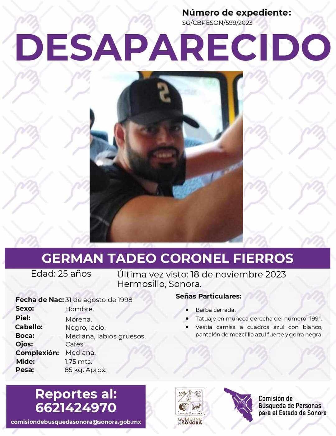 Urgente: Buscan a Germán Tadeo Coronel Fierros, de 25 años, desaparecido en Hermosillo ...