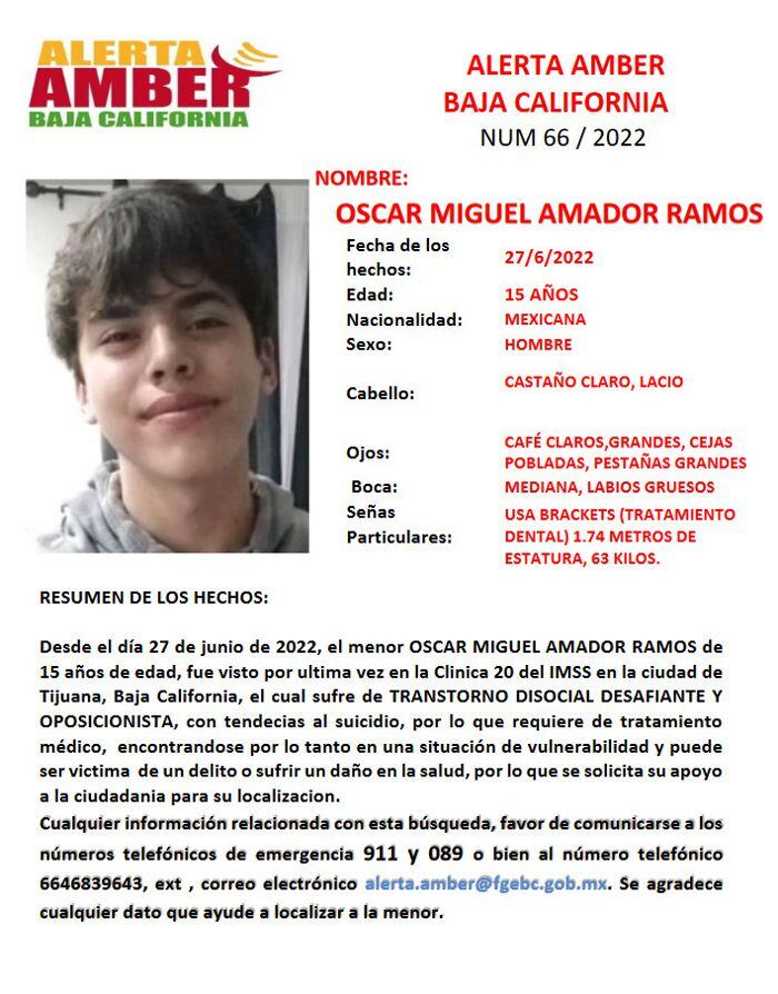 Activan Alerta Amber por Óscar Miguel Amador Ramos, de 15 años | Noticias de Tijuana | El Imparcial